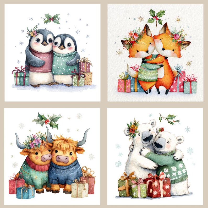 Cozy Christmas Animals Clipart Set: Festive PNG Illustrations (digital ...