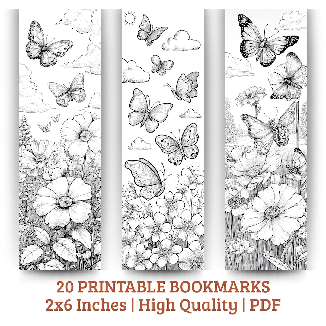 Butterfly Coloring Bookmarks, Floral Nature Art (20, PDF Download) - Etsy