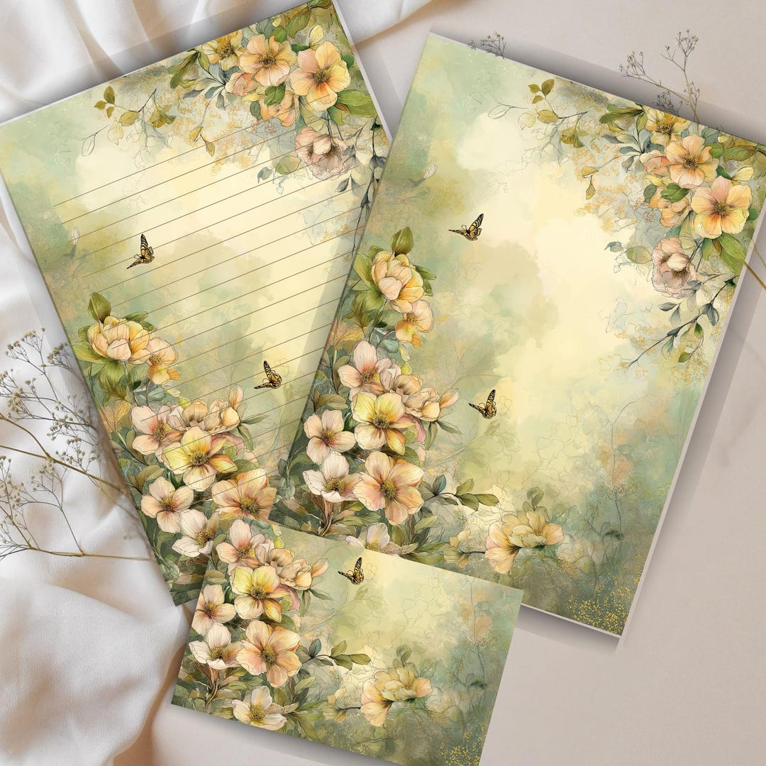 Vintage Floral Watercolor A4 Paper Set: Lined and Unlined Digital Paper ...