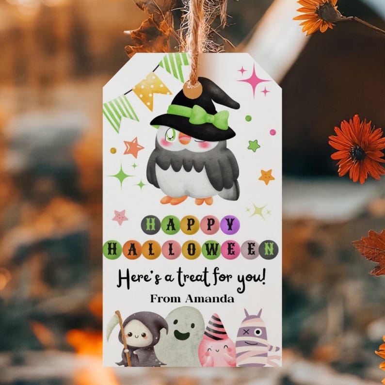 Halloween Gift Tags: Owl & Monster Treat, Printable Canva Template ...