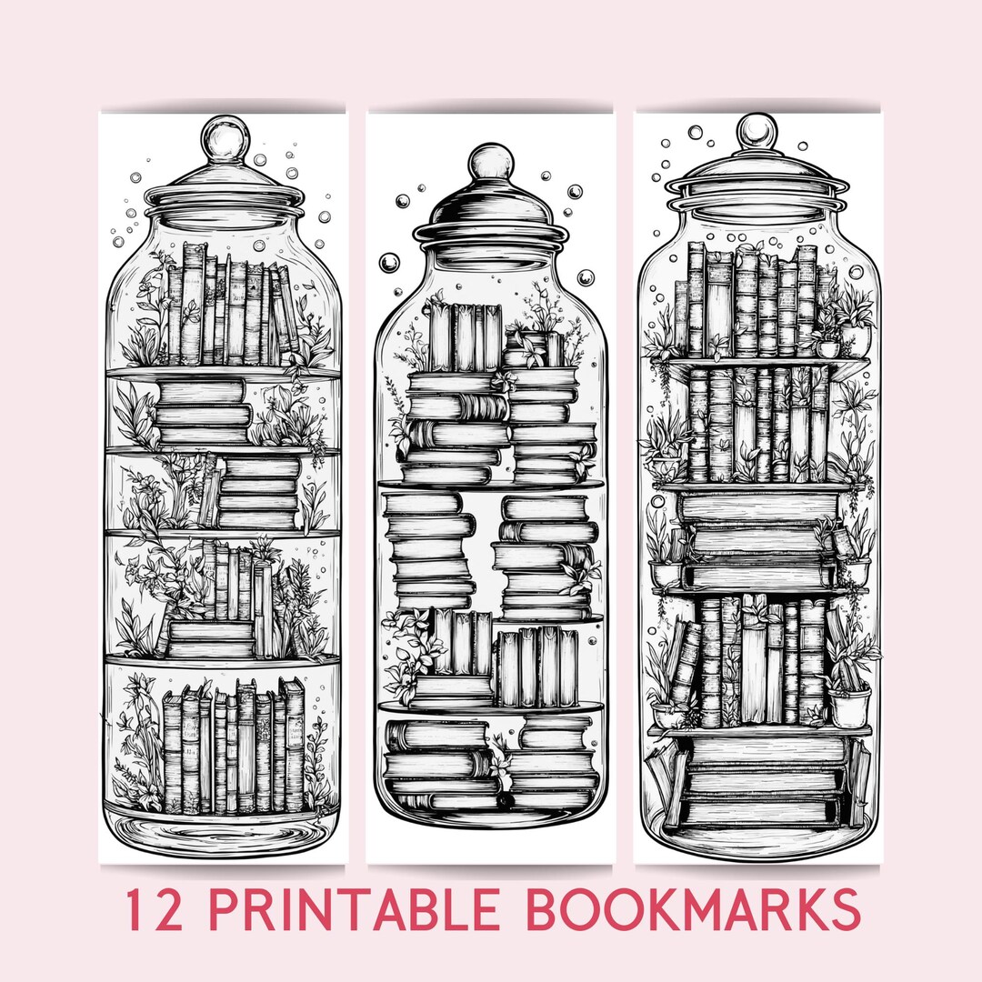 12 Library in Colorable Jar, Printable Bookmarks Packs, Bookmark ...