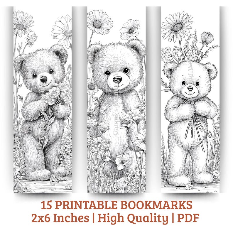 Teddy Bear Coloring Bookmarks | Floral Kids Craft (PDF Printable Set of ...