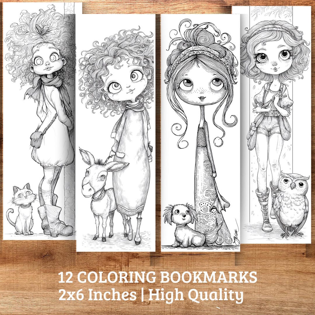 Coloring Bookmarks Whimsical Girl & Animal, Printable Bookmarks Set ...