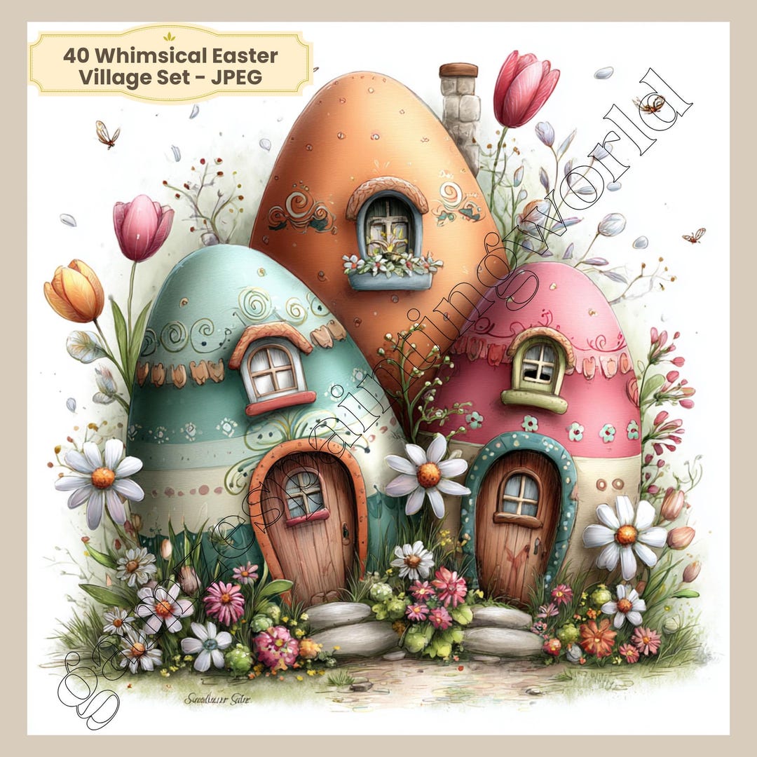 Whimsical Easter Village Clipart Set, Egg Cottages (digital Download ...