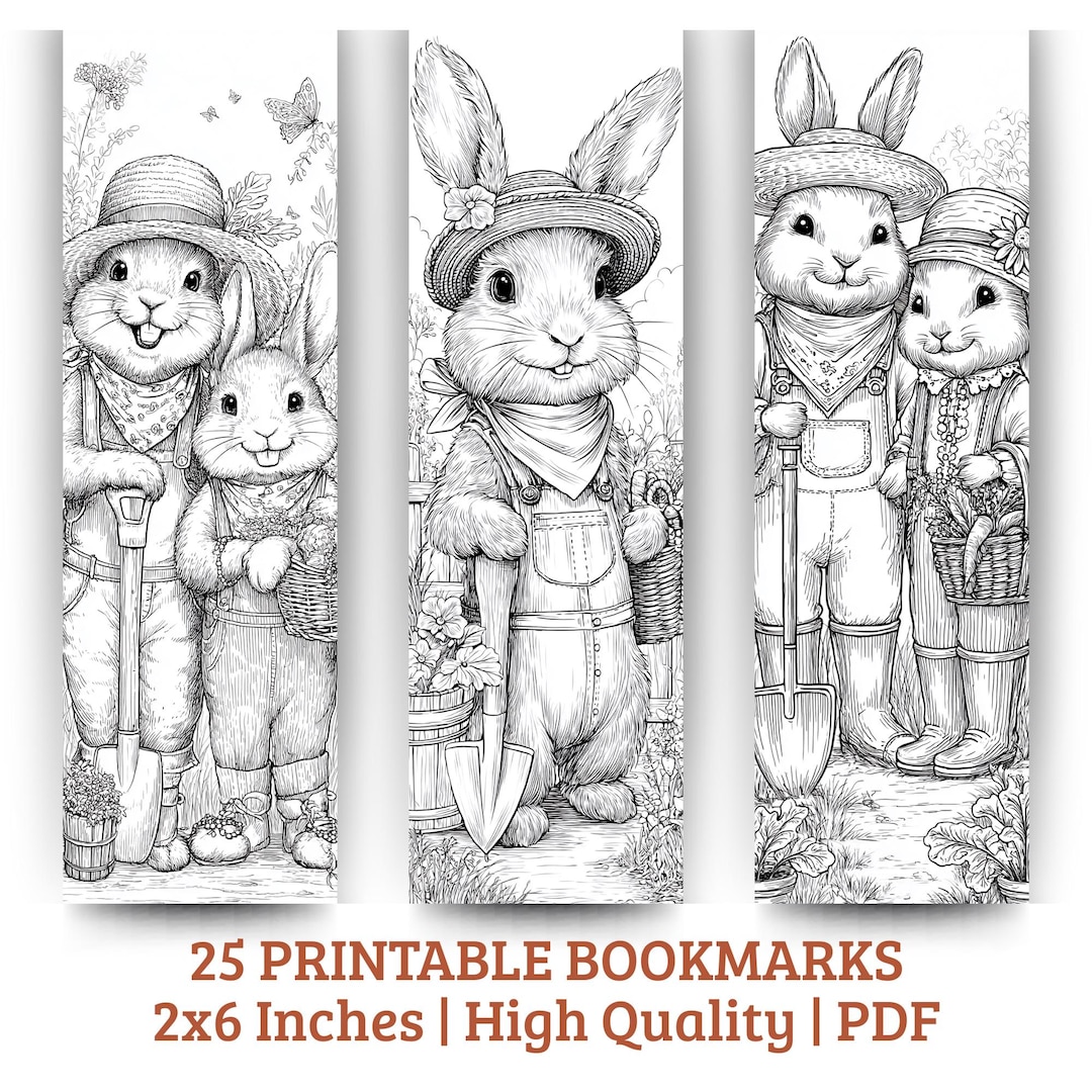 Gardener Bunny Coloring Bookmarks, Rabbit Bookmark Set (PDF Instant ...