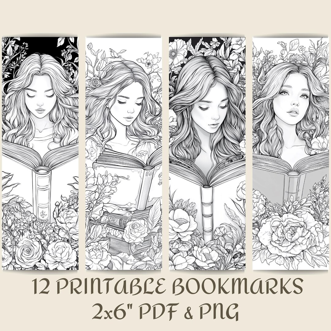 12 Floral Book Lover Coloring Page, Printable Bookmarks Packs, Bookmark ...