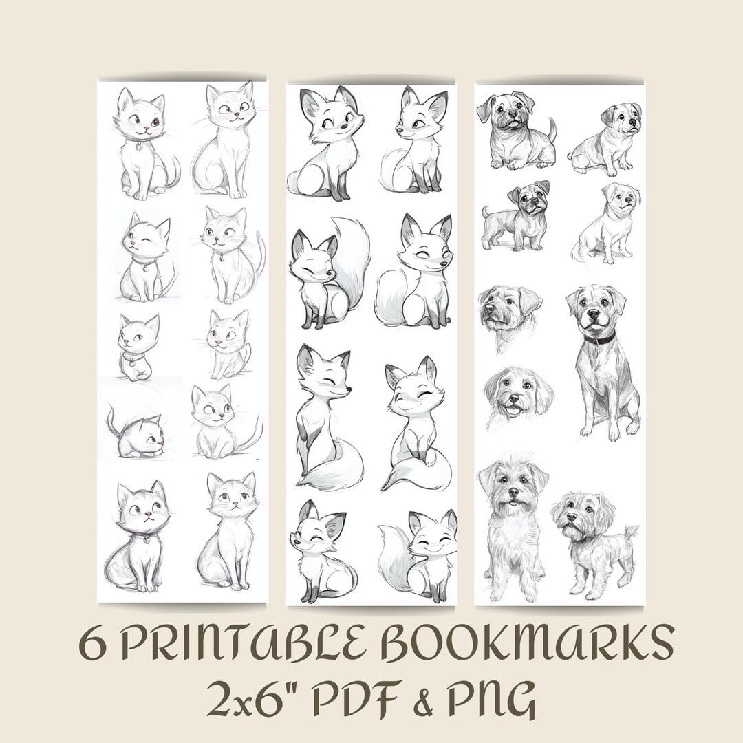 Cute Animal Coloring Bookmarks, 2x6 Printable DIY Bookmarks, Black and ...