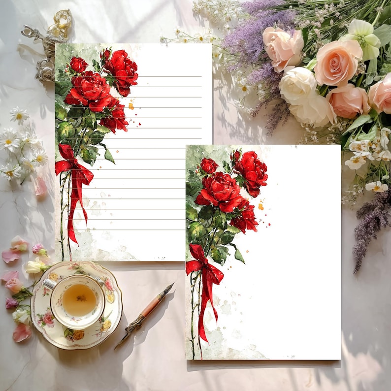 Watercolor Red Rose Stationery Set, Printable Floral Letter Writing ...