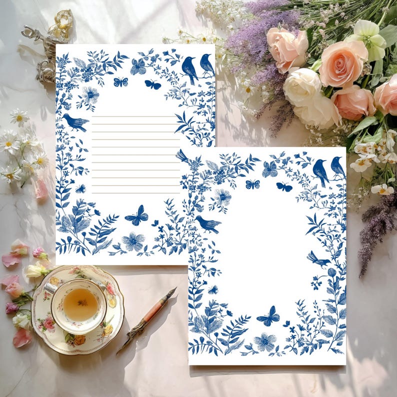 Elegant Blue Botanical A4 Printable Letter Writing Set: Lined/unlined ...