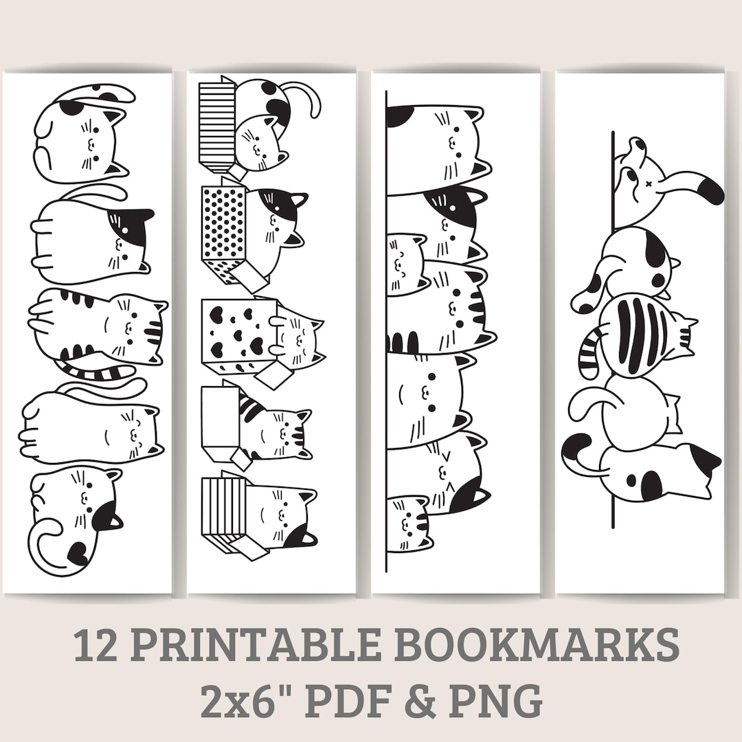 Printable Cat Bookmarks: Coloring Pages for Adults - Black & White ...