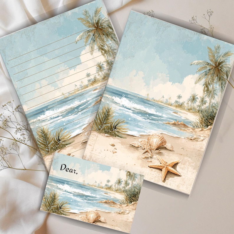Coastal Beach Stationery Set, Watercolor Ocean Letter Paper (A4 PDF PNG ...