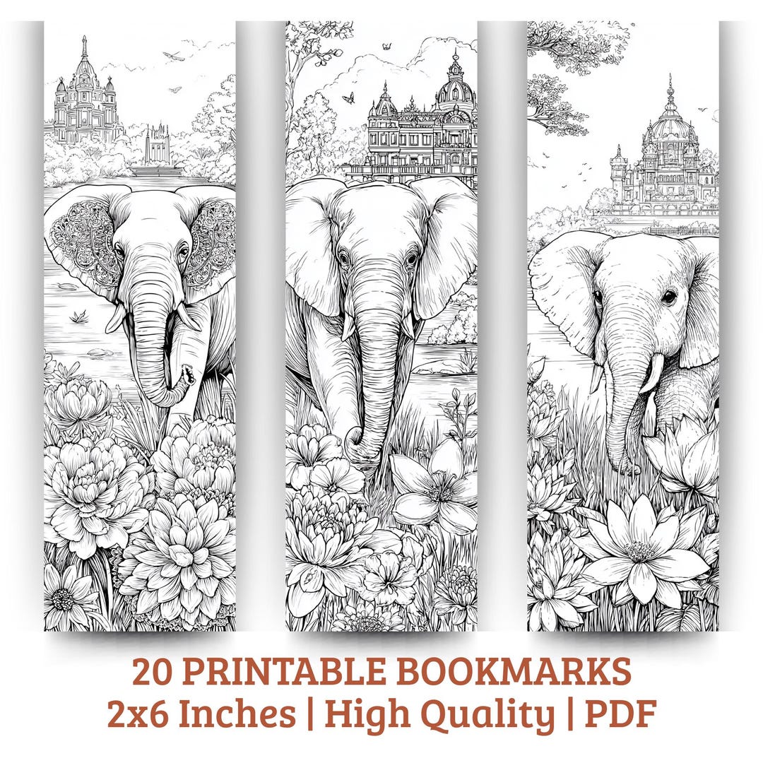 20 Elephant Coloring Bookmarks Printable, Animal Coloring Bookmark Set ...