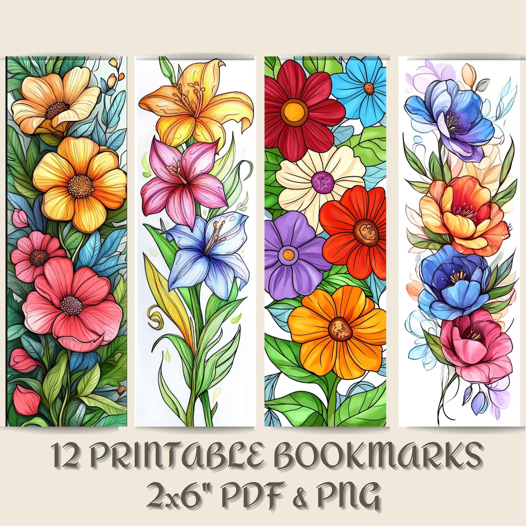 Printable Floral Bookmarks, 12 Digital Bookmarks, 2x6 PNG & PDF ...