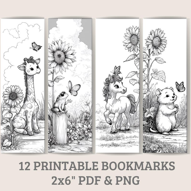 Cute Animal Coloring Bookmarks, 2x6" Printable Bookmarks, Black and ...