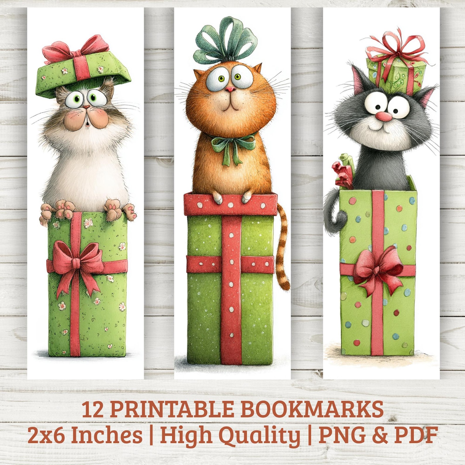Funny Christmas Cat Printable Bookmarks – 12 Whimsical Watercolor ...