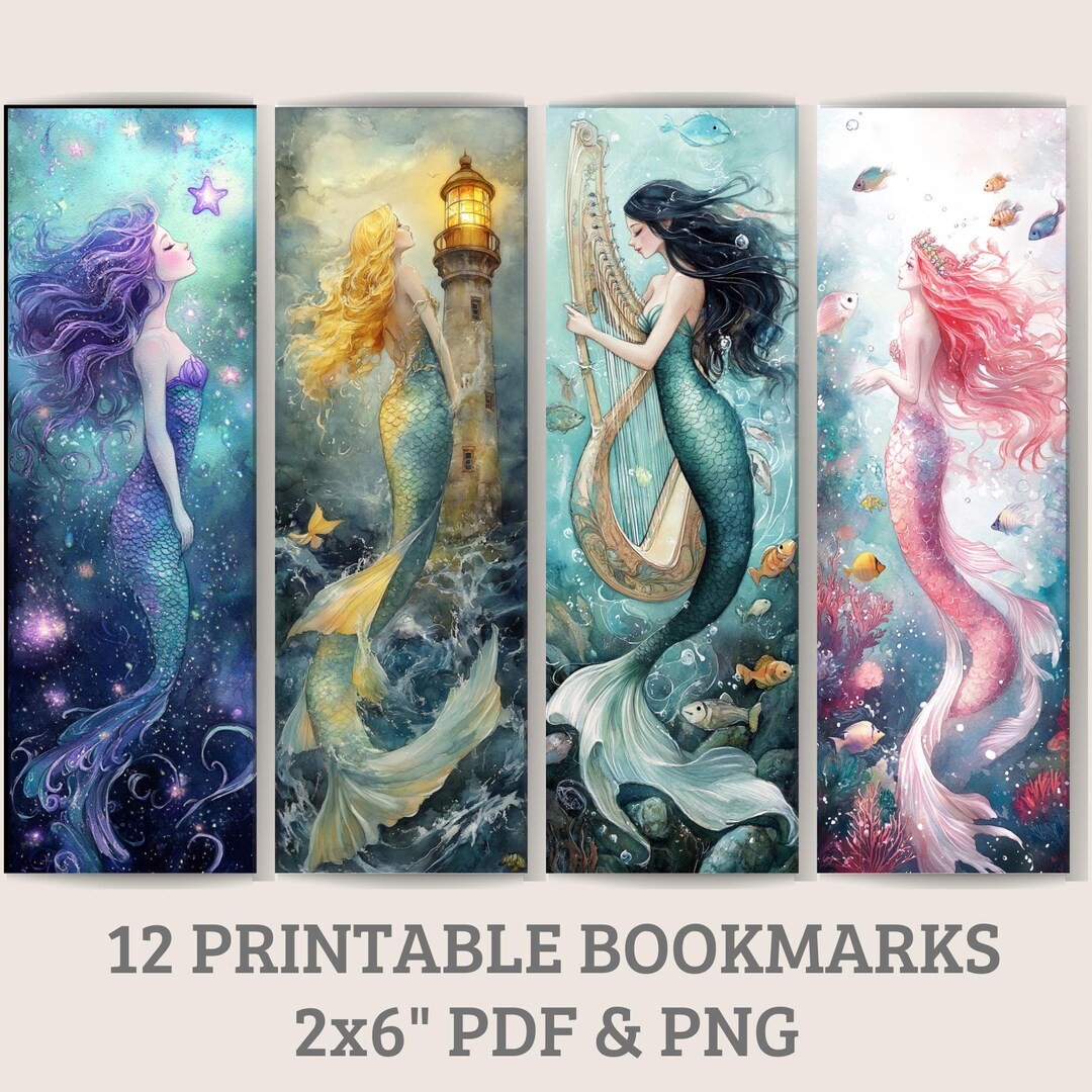 12 Mermaid Bookmarks, Printable Bookmarks, 12 Digital Bookmarks, 2x6 ...