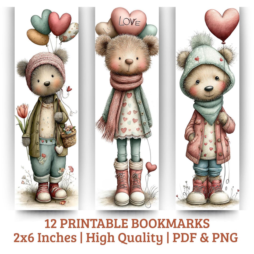 Printable Teddy Bear Bookmarks – 12 Whimsical Heart Bear Designs ...