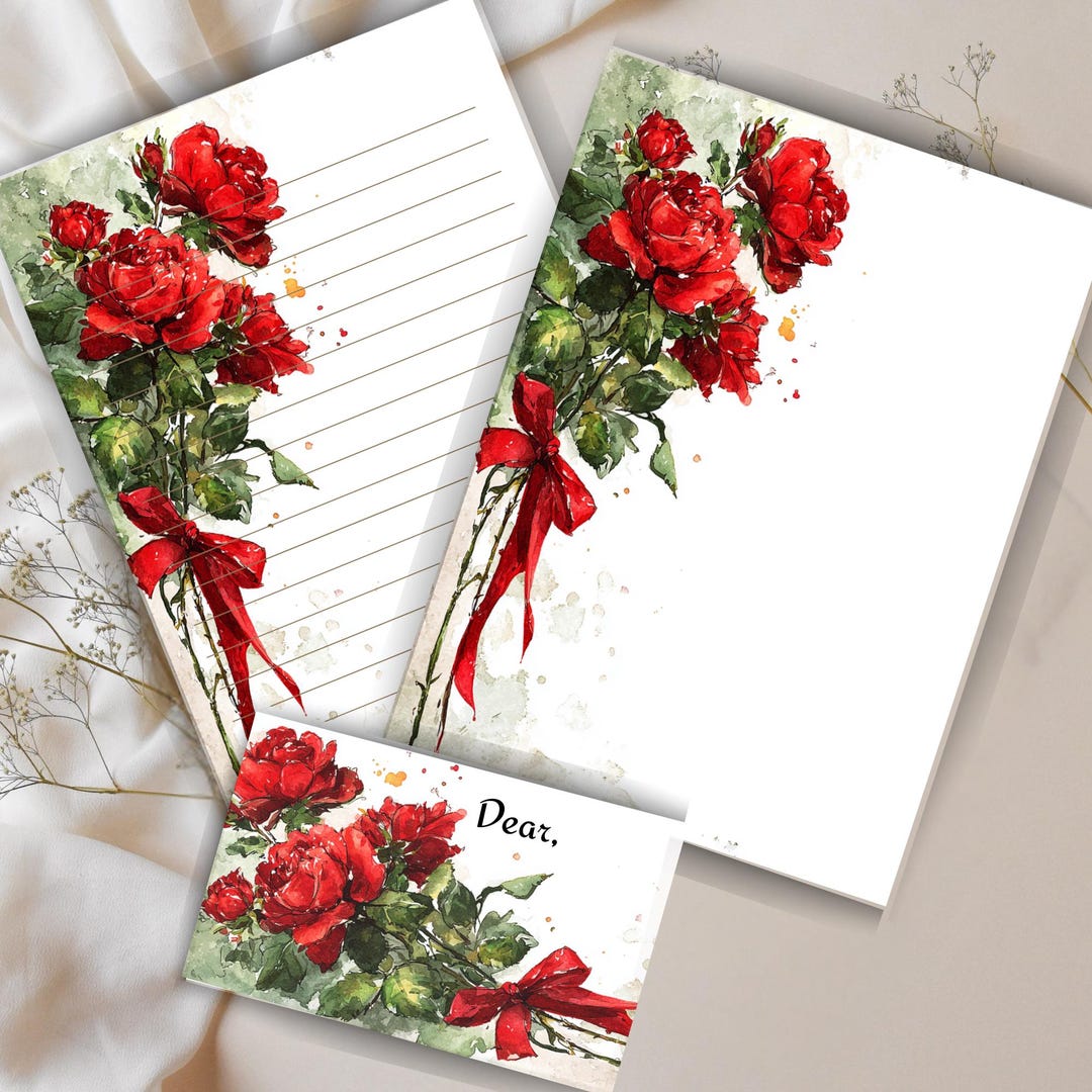 Watercolor Red Rose Stationery Set, Printable Floral Letter Writing ...