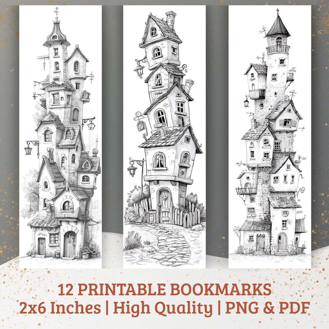 Whimsical Crooked Houses Coloring Bookmarks Printable, 12 Colorable ...