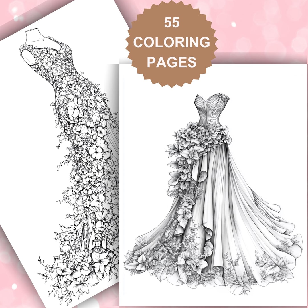 55 Floral Ball Gown Coloring Book | Digital Coloring Book | Adult ...