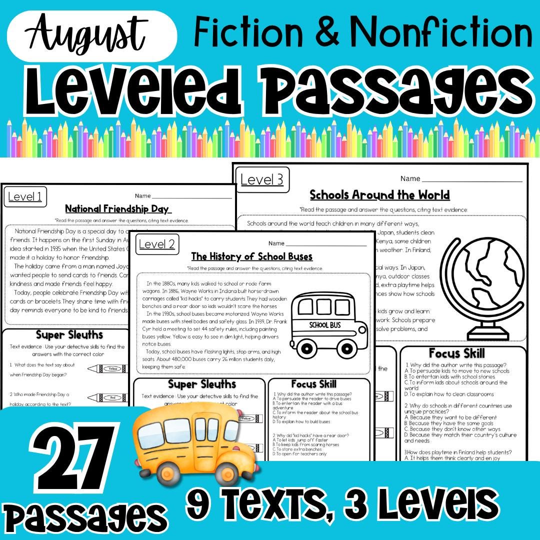 Back to School Close Reading Passages | August Differentiated 1-3 Grade ...