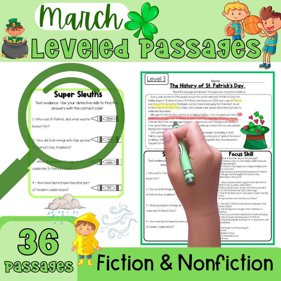 Differentiated Close Reading Passages | March Reading Activities | ELA ...