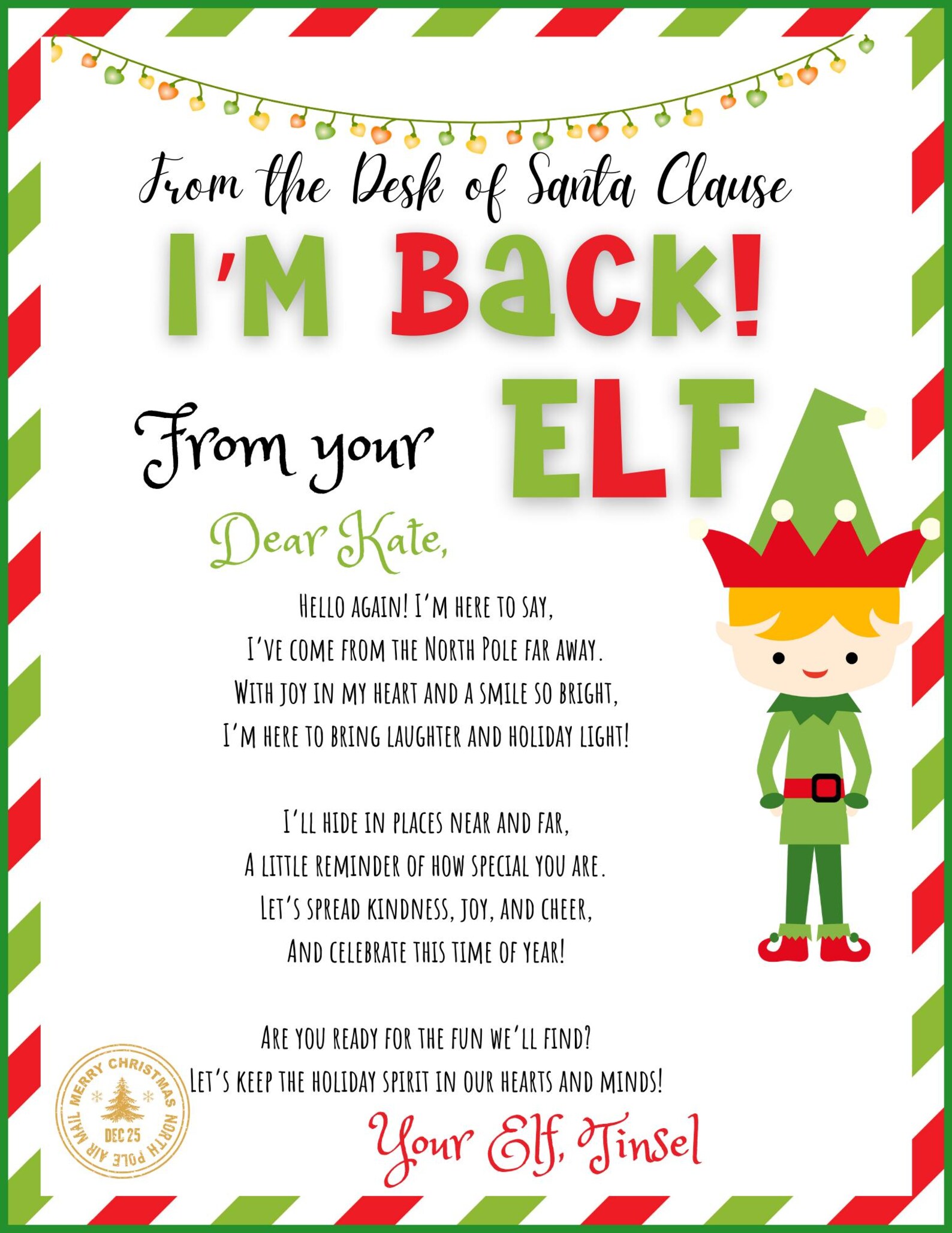 Personalized Elf Return Letter | Editable Elf Template Christmas Kids ...