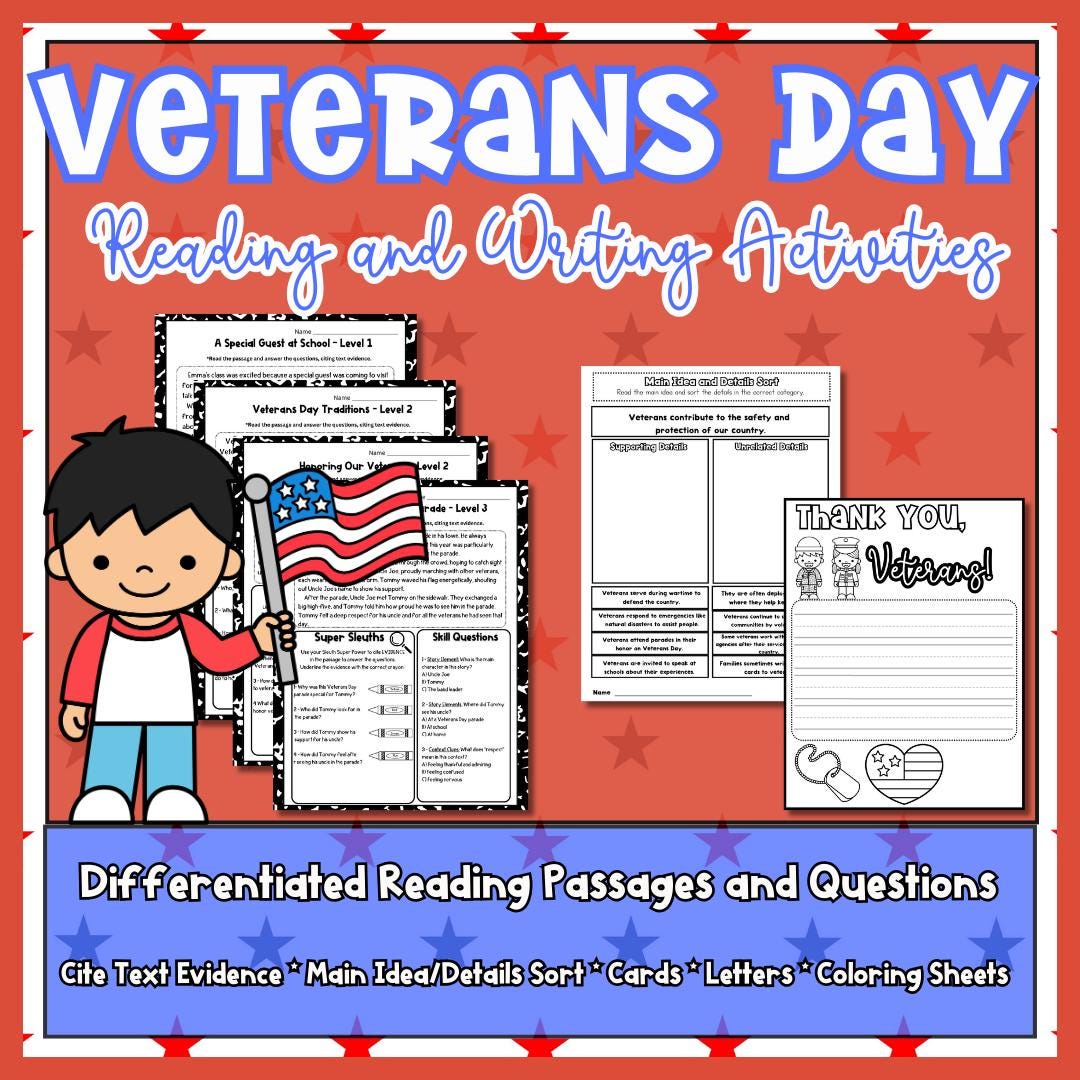 Veterans Day Reading Comprehension Passages November Close Read Leveled ...