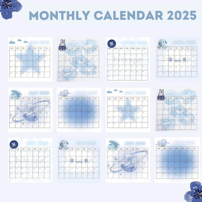 Monthly Calendar 2025 | Baby Blue | Printable PDF | Digital Download - Etsy