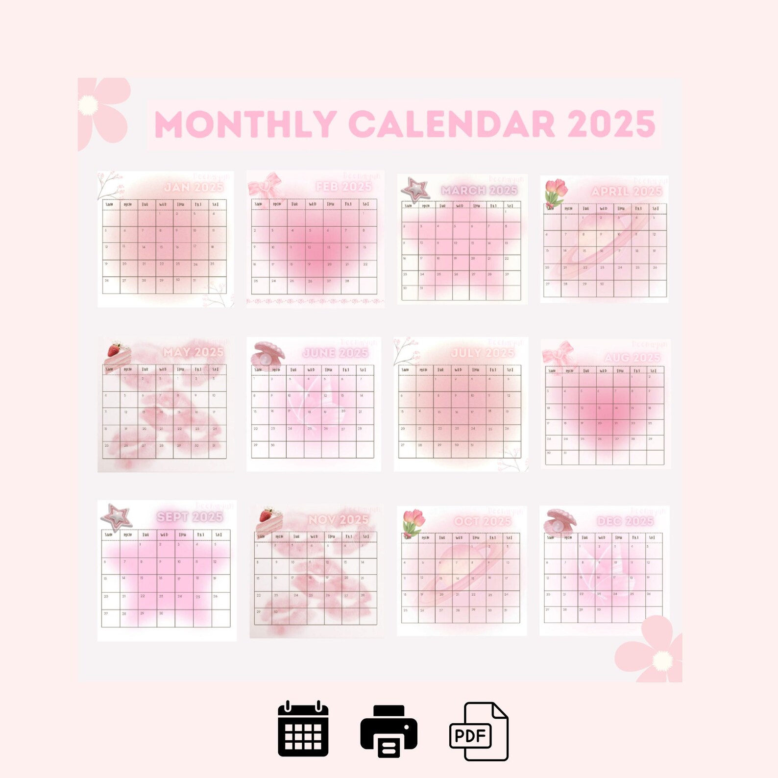 Monthly Calendar 2025 | Pink Pastel | Printable PDF Format | Digital ...