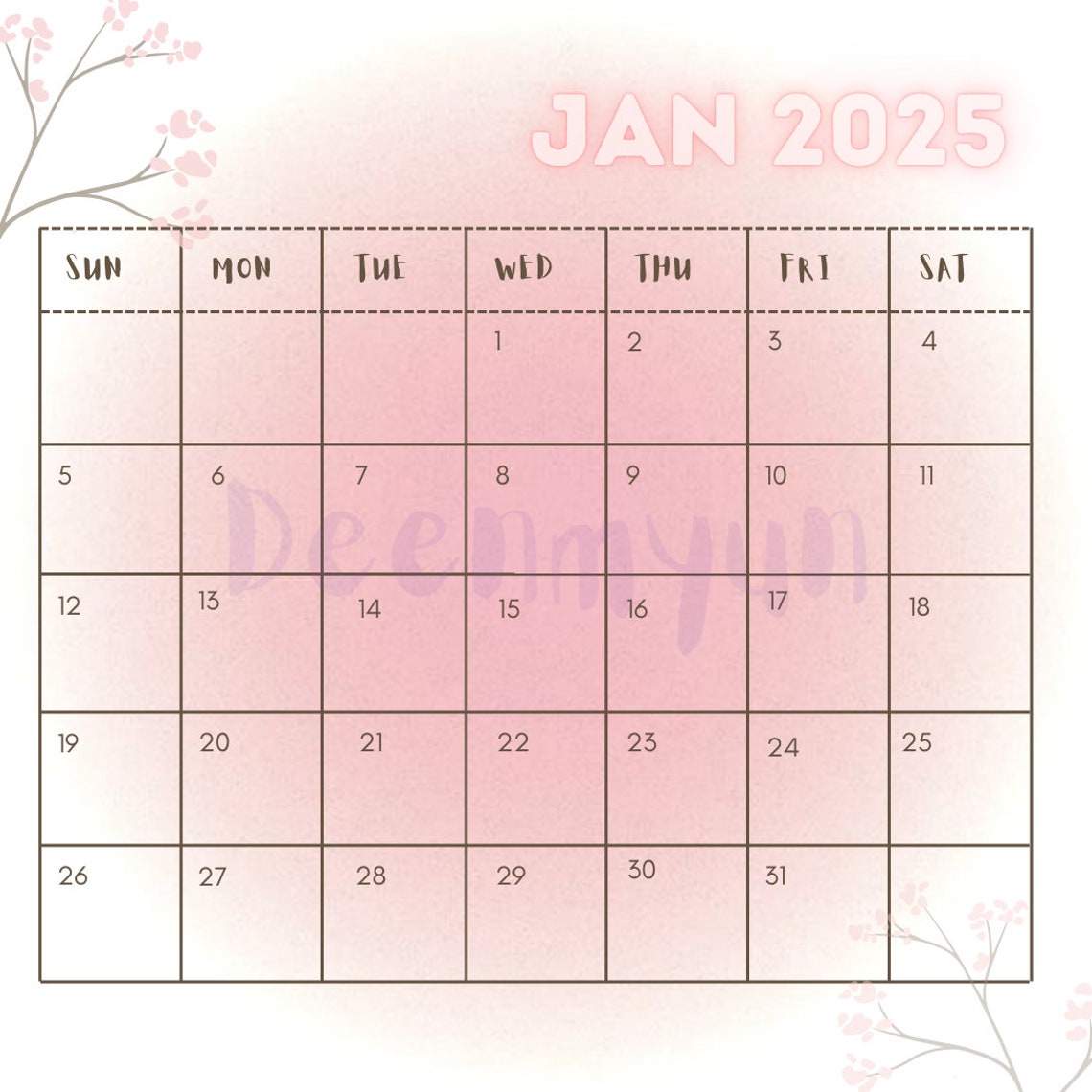 Monthly Calendar 2025 | Pink Pastel | Printable PDF Format | Digital ...