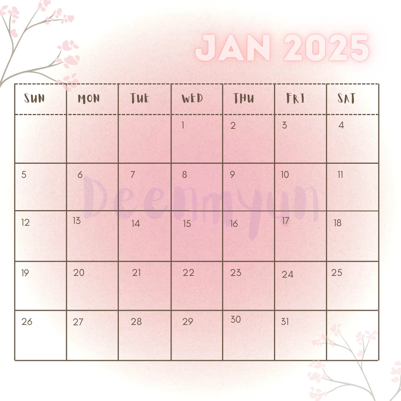 Monthly Calendar 2025 | Pink Pastel | Printable PDF Format | Digital ...