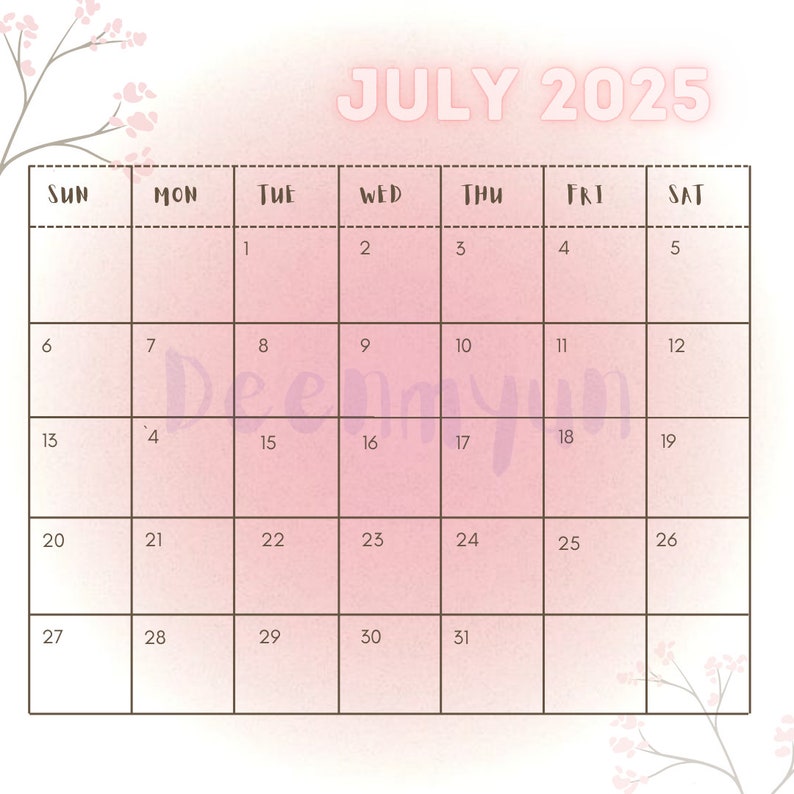Monthly Calendar 2025 | Pink Pastel | Printable PDF Format | Digital ...