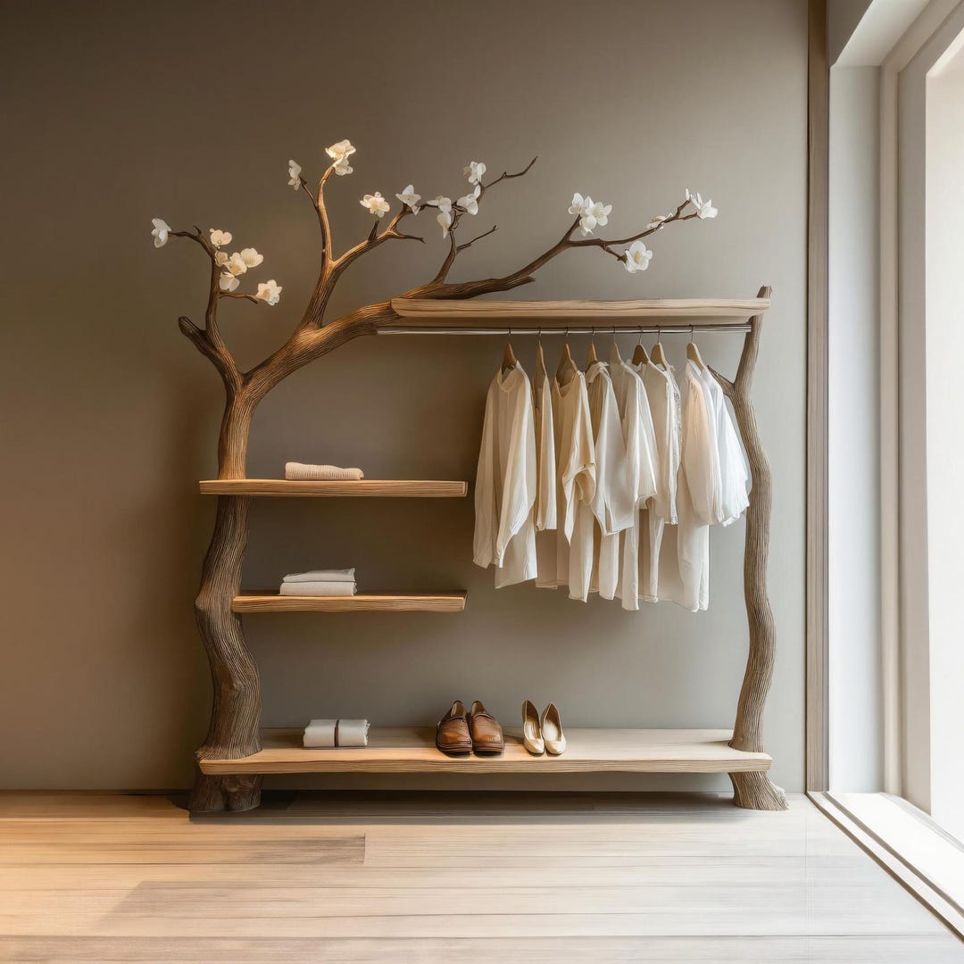 Rustic Tree Branch Clothing Rack With Shelves | Handcrafted Solid Wood ...