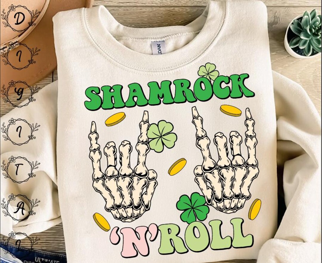 Shamrock 'n Roll Svg, Skeleton Hand Rock Svg, Retro St Patricks Svg ...