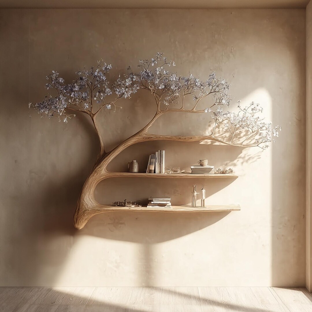 Rustic Solid Wood Tree Wall Shelf, Handmade Floating Bookshelf, Nature ...