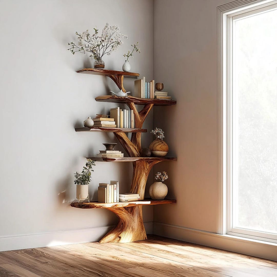 Rustic Tree Inspired Wooden Bookshelf, Handmade Branch Bookcase ...