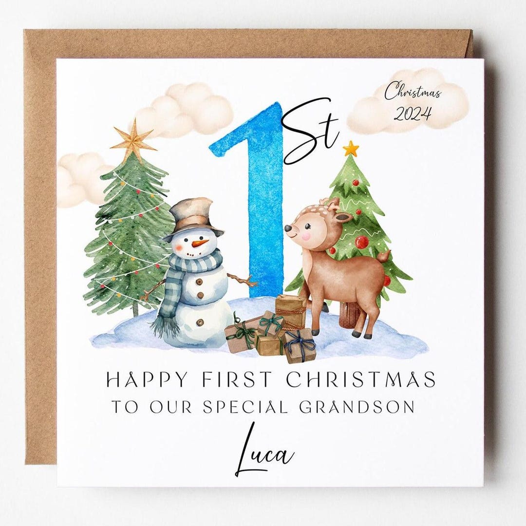 Grandson 1st Christmas Card, Personalised Name, Christmas 2024, Snowman ...