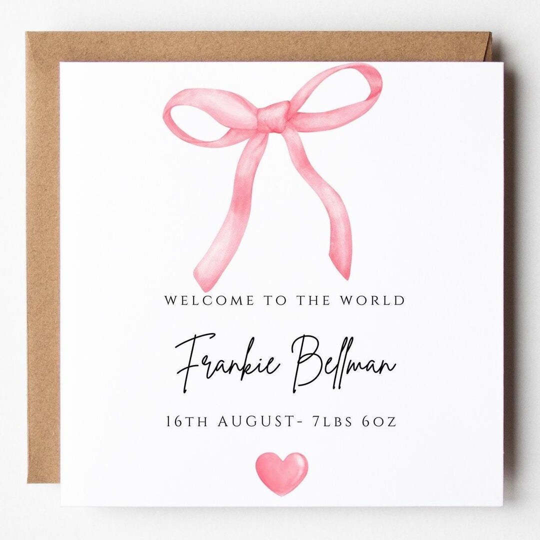 PRINTABLE New Baby Girl Pink Bow Card, Personalised Congratulations ...