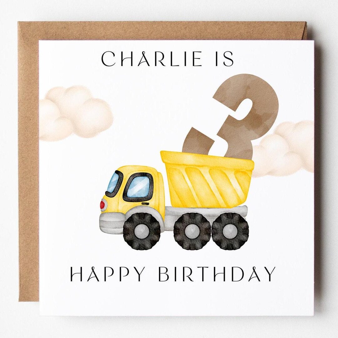 PRINTABLE 3rd Birthday Card, Trucks Card, Personalised Name, Yellow ...
