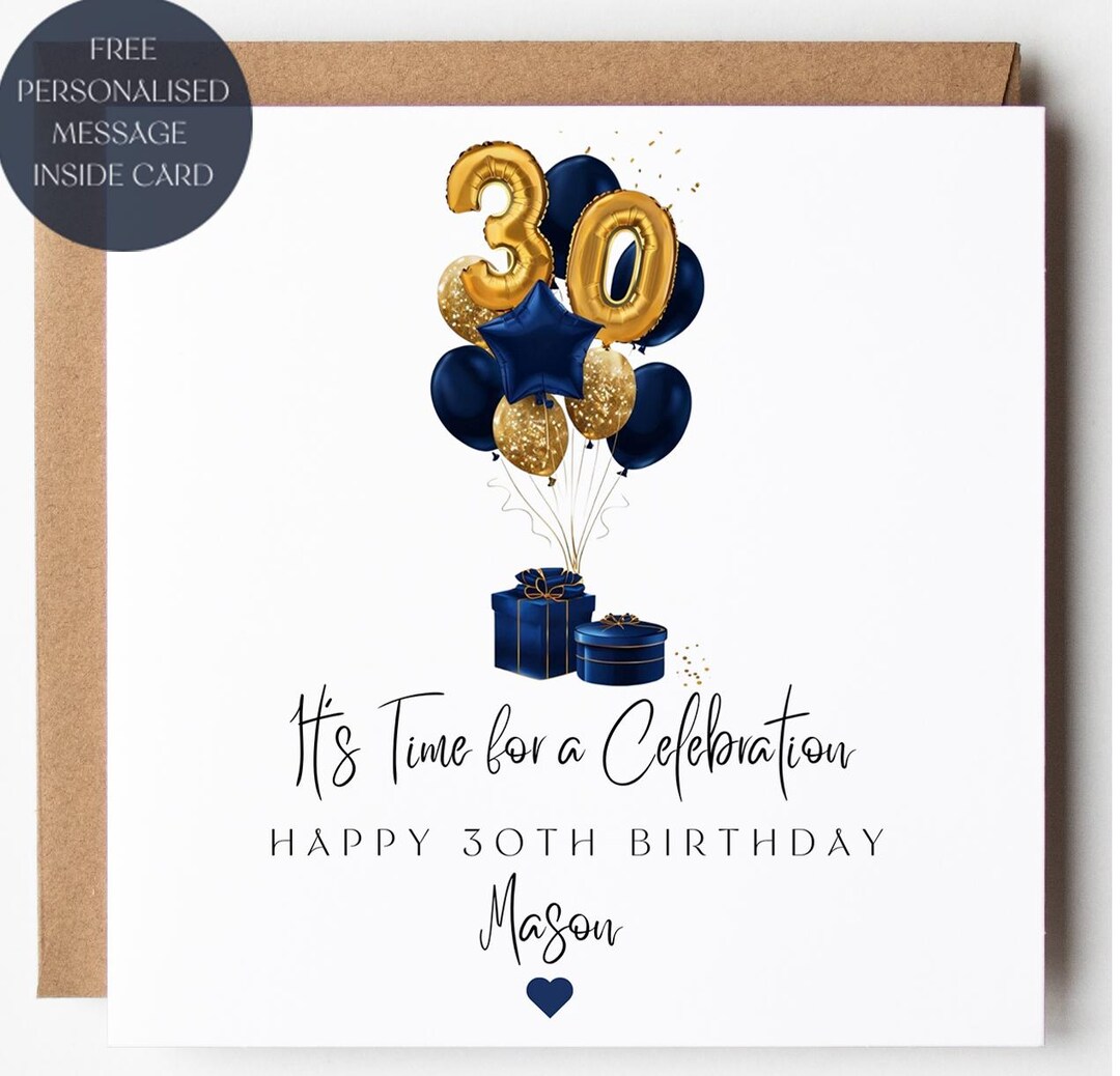 Blue & Gold 30th Birthday Card, Balloons and Presents, Gift for Him ...