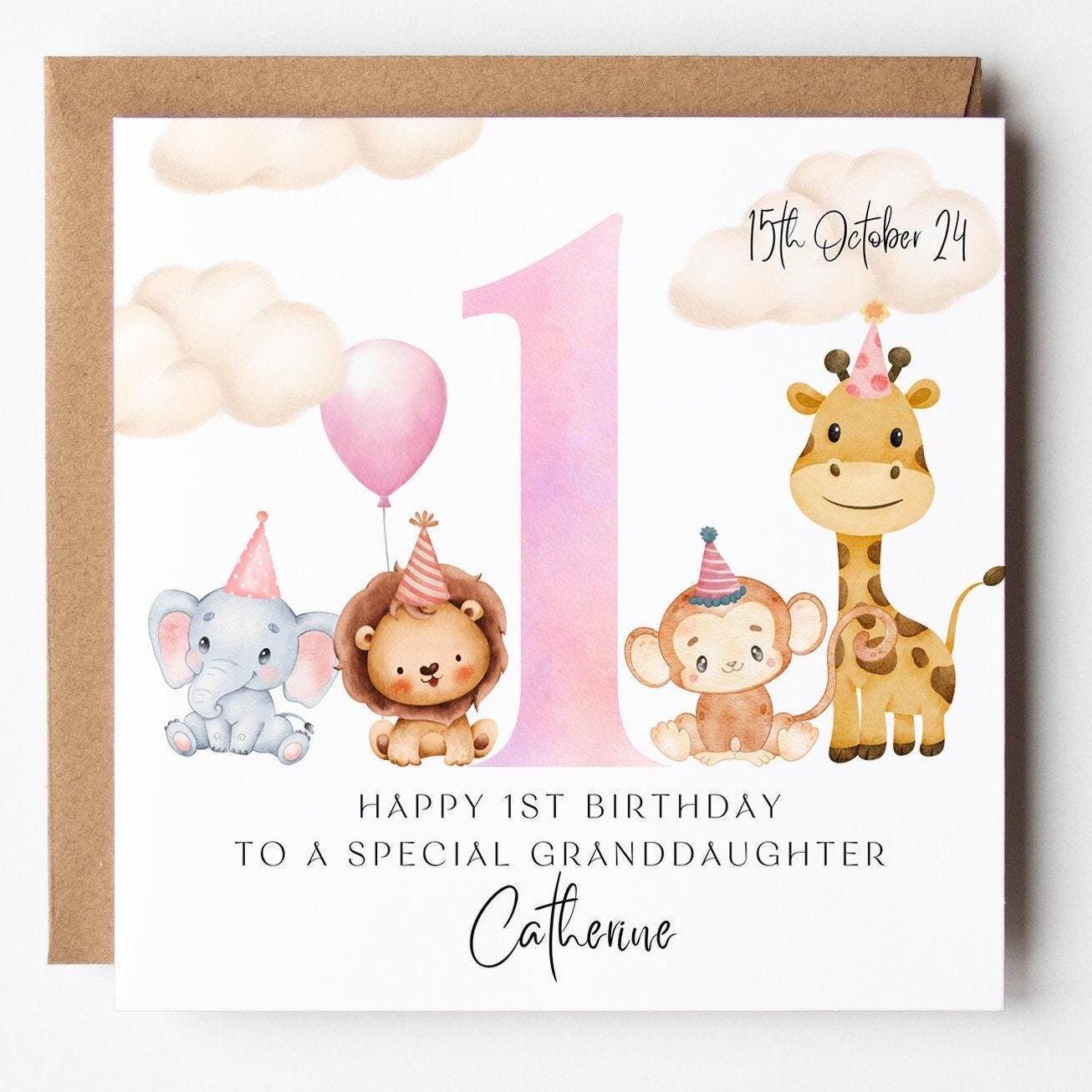 PRINTABLE Pink 1st Birthday Card, Cute Animals Birthday Card, Daughter ...