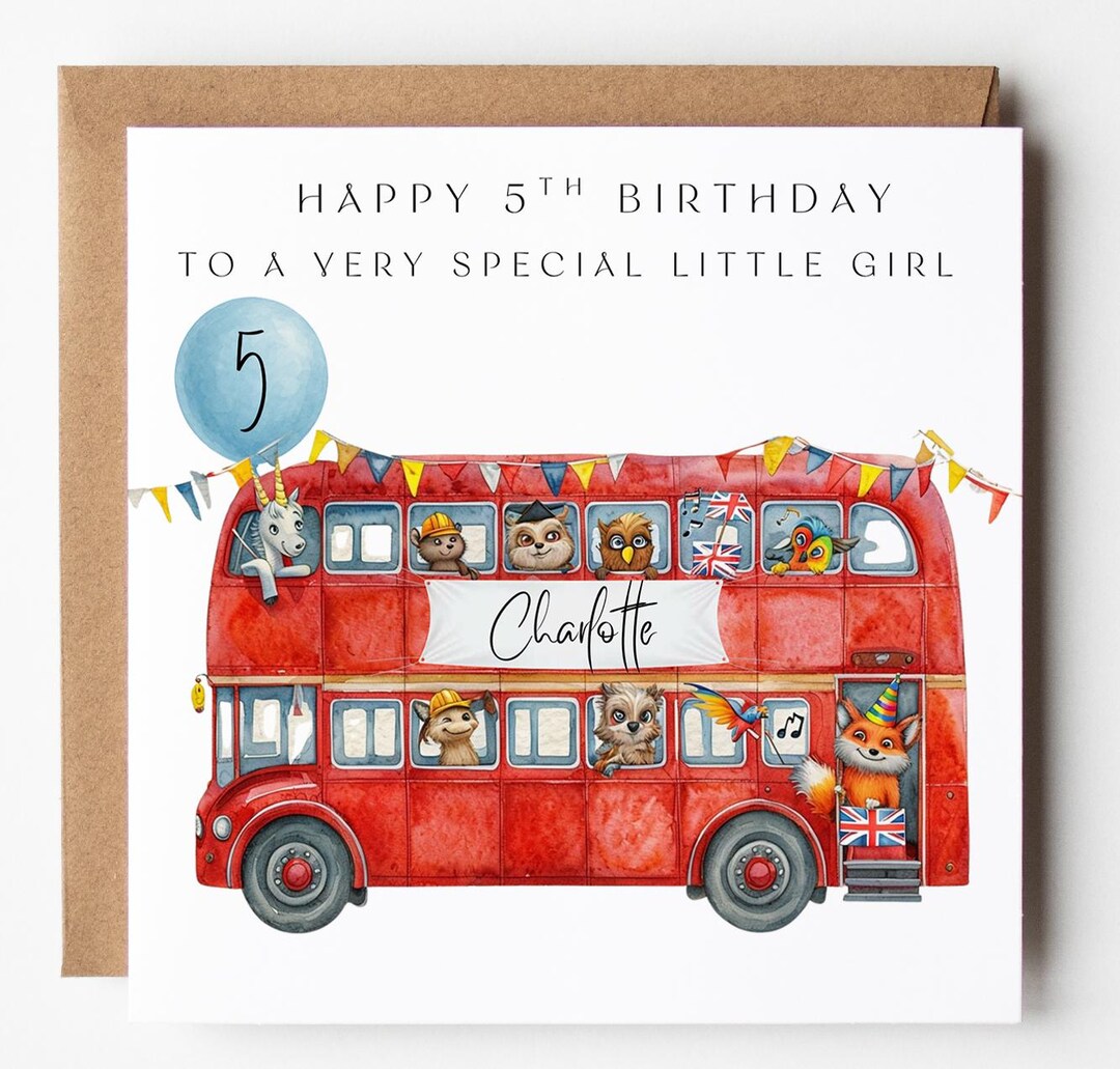 Little Girl Bus Birthday Card: Bus Lover; Zoo Animals, Any Age, Blue ...