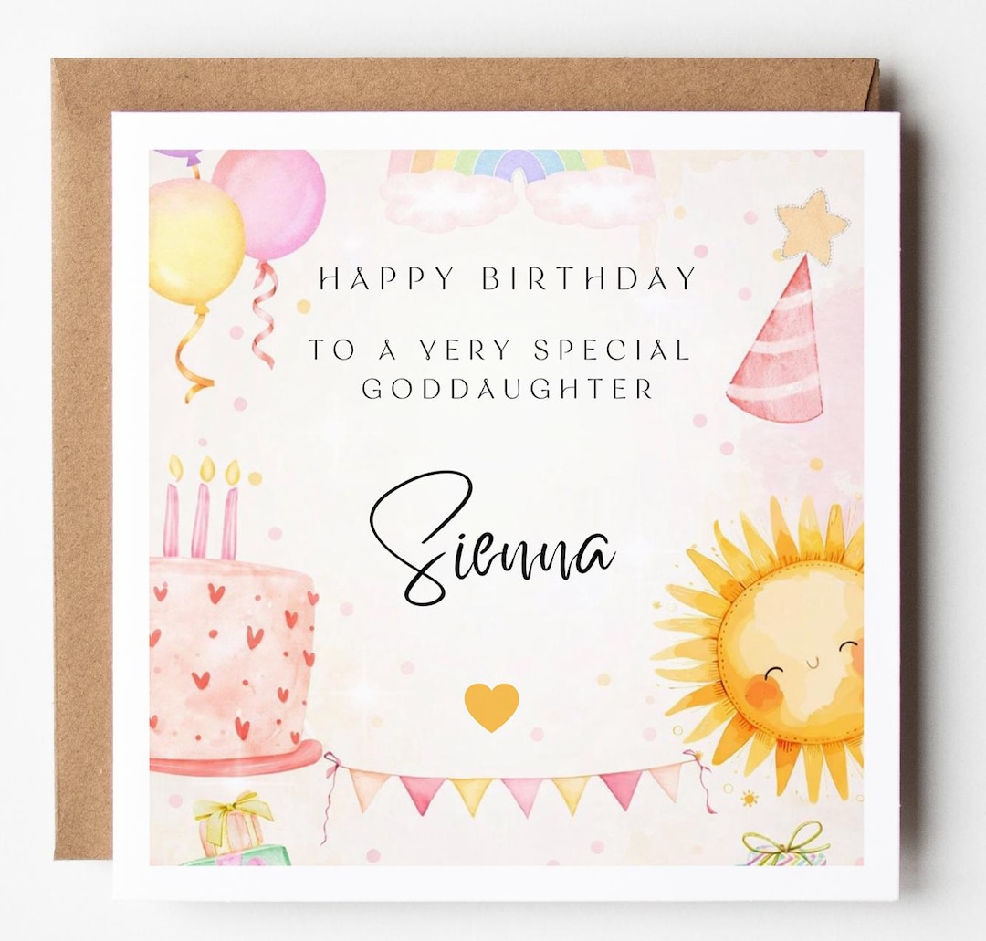Party Goddaughter Birthday Card; Pink Cakes & Sunshine, Personalised ...