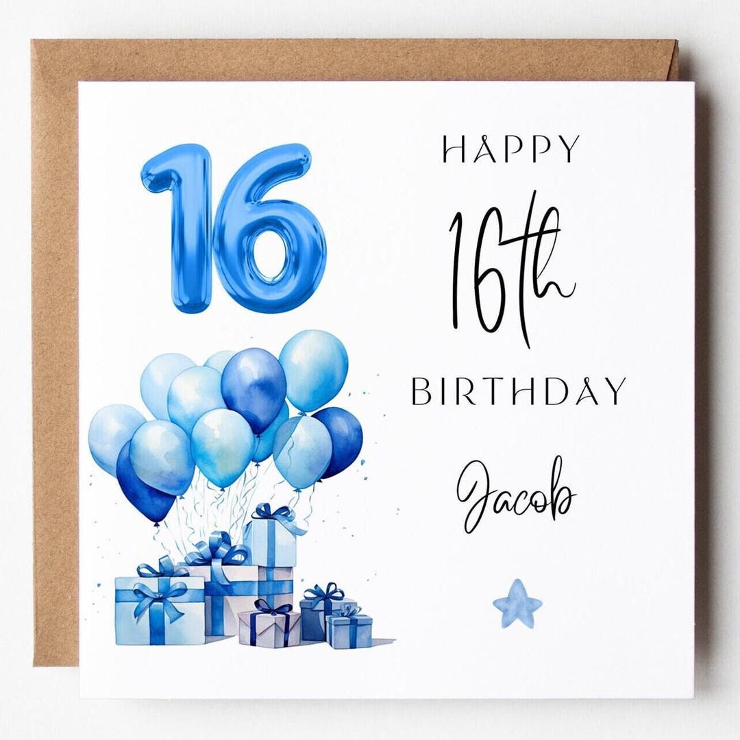 PRINTABLE Blue 16th Birthday Card, Blue Balloons & Presents ...