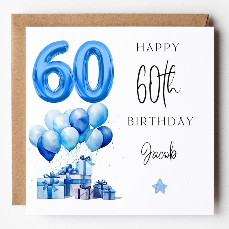PRINTABLE Blue 60th Birthday Card, Blue Balloons & Presents ...