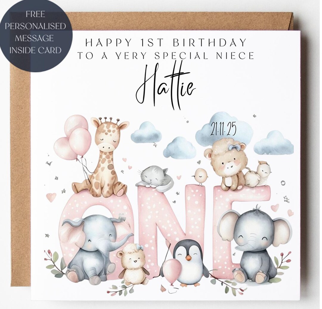 Personalised Niece 1st Birthday Card, Cute Animals Card, Gift for Her ...