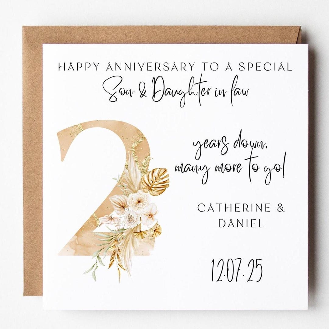 Gold 2nd Wedding Anniversary, Son & Daughter in Law, Gold Floral Card ...