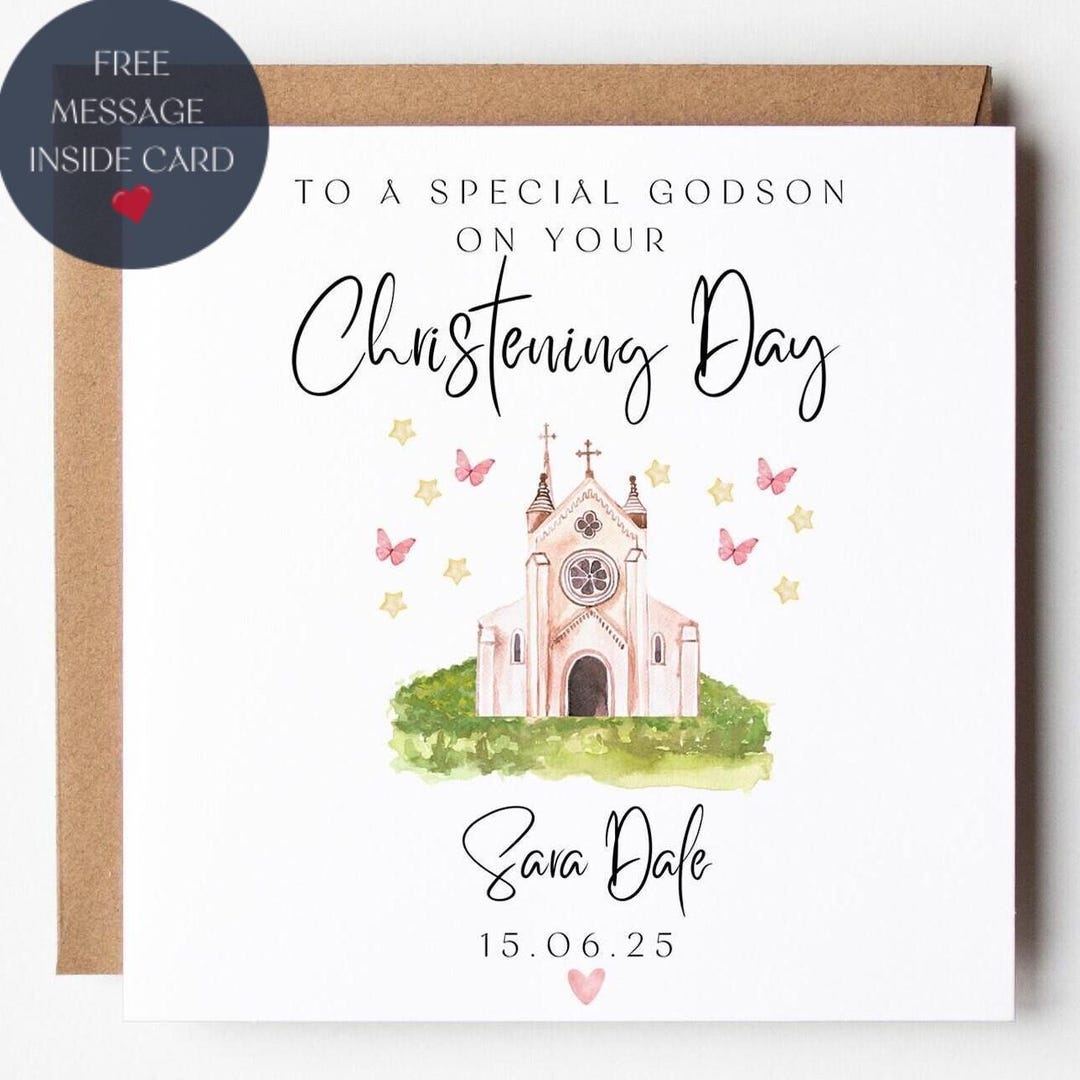 Personalised Christening Card, Church, Name Date, Butterflies & Stars ...