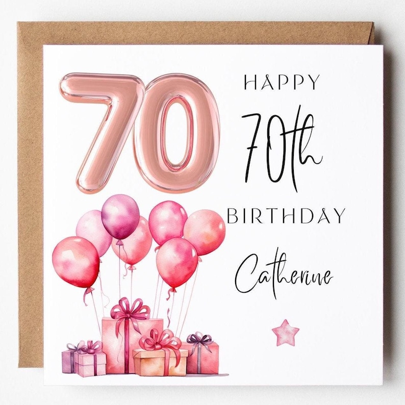 PRINTABLE Pink 70th Birthday Card, Pink Balloons & Presents, Gift for ...